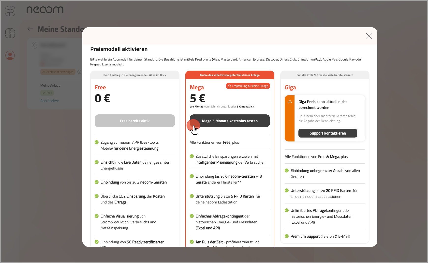 Anleitung neoom CONNECT Preismodell wählen